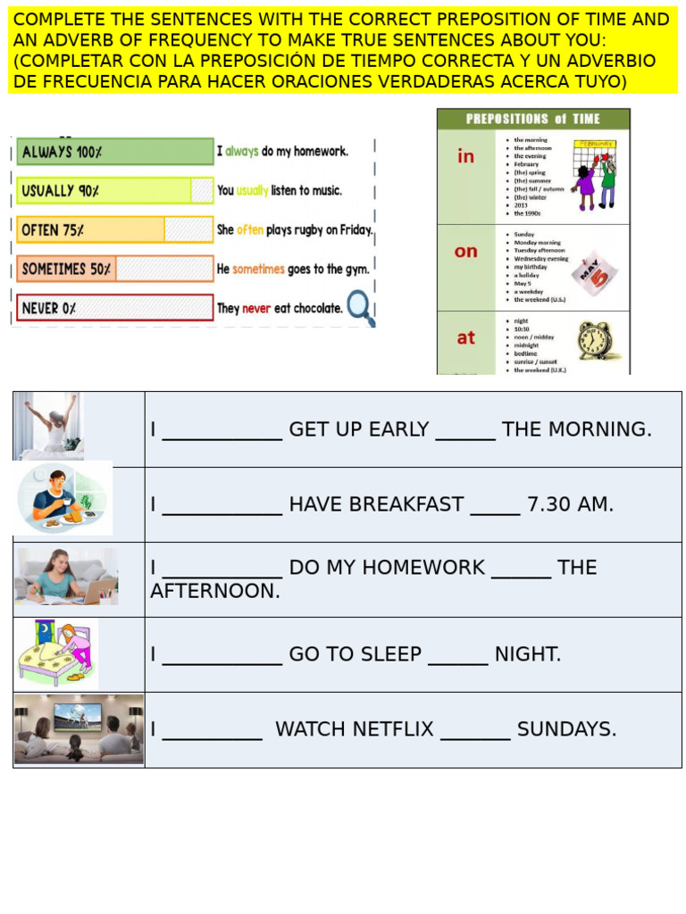 Exercises Adverbs of Frequency and Prepositions of Time - Revision | PDF