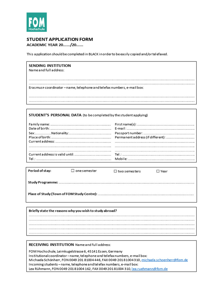 Erasmus+ Student Application Form | PDF