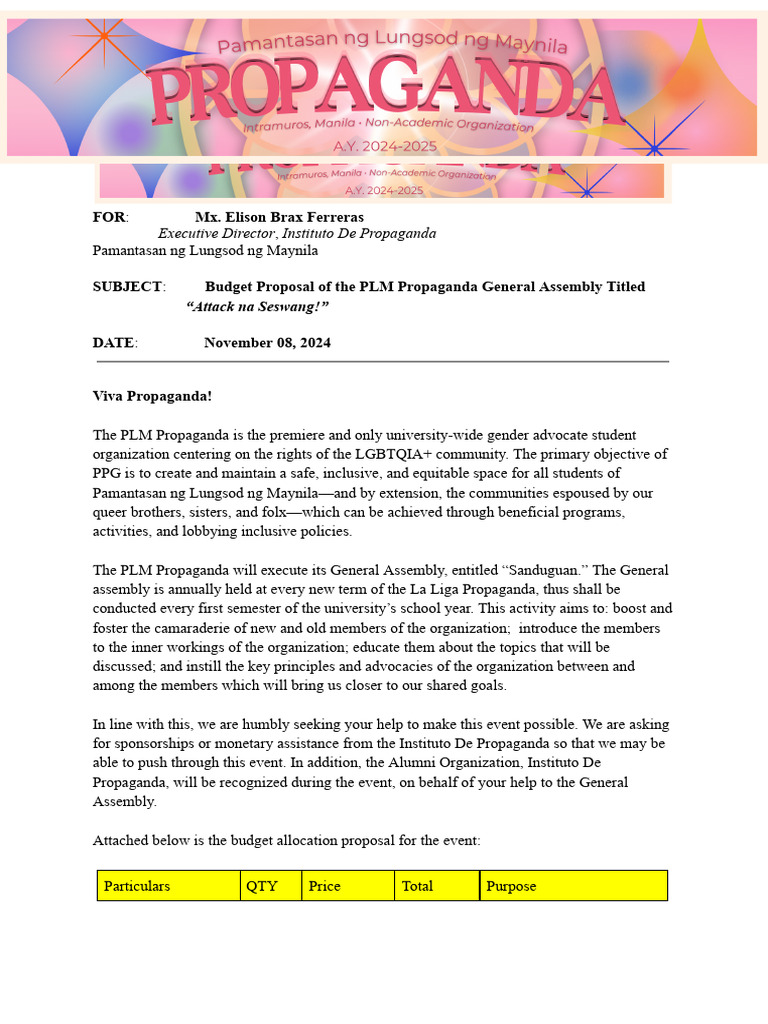 PLM Propaganda Budget Proposal 2024 | PDF