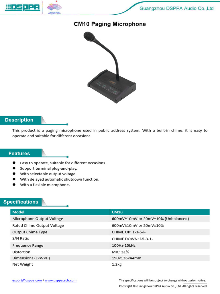 Data Sheet cm10 Paging Microphone | PDF | Microphone | Sound Production