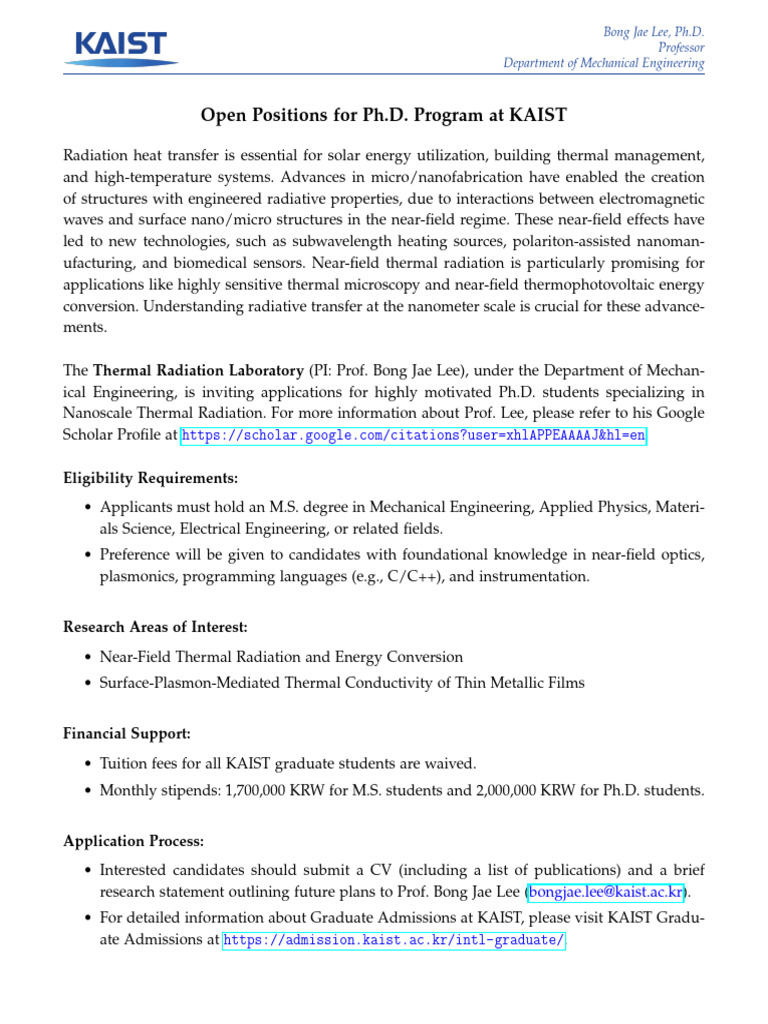PhD_Opening_TRAD_KAIST | PDF | Doctor Of Philosophy | Nanotechnology