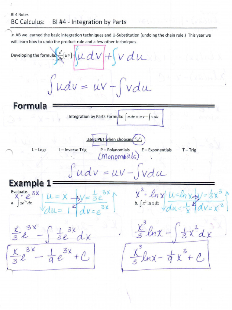 BI 5 KEY Notes - Integration by Parts | PDF