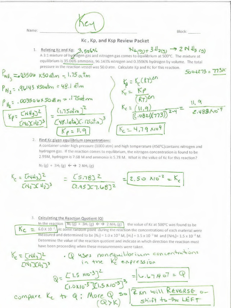 KEY - KC, KP and KSP Review Packet | PDF | Chemical Equilibrium | Ammonia
