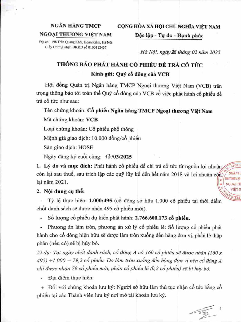 VCB Thong Bao Phat Hanh Co Phieu de Tra Co Tuc Up Web | PDF
