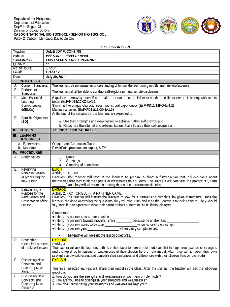 Lesson Plan Week 1 Day 1 - Perdev 12 | PDF | Self Concept | Self Esteem