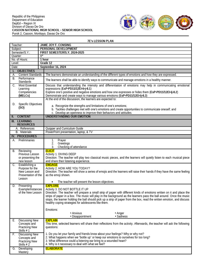 LESSON PLAN WEEK 8 DAY 1_PERDEV 12 | PDF | Emotions | Learning