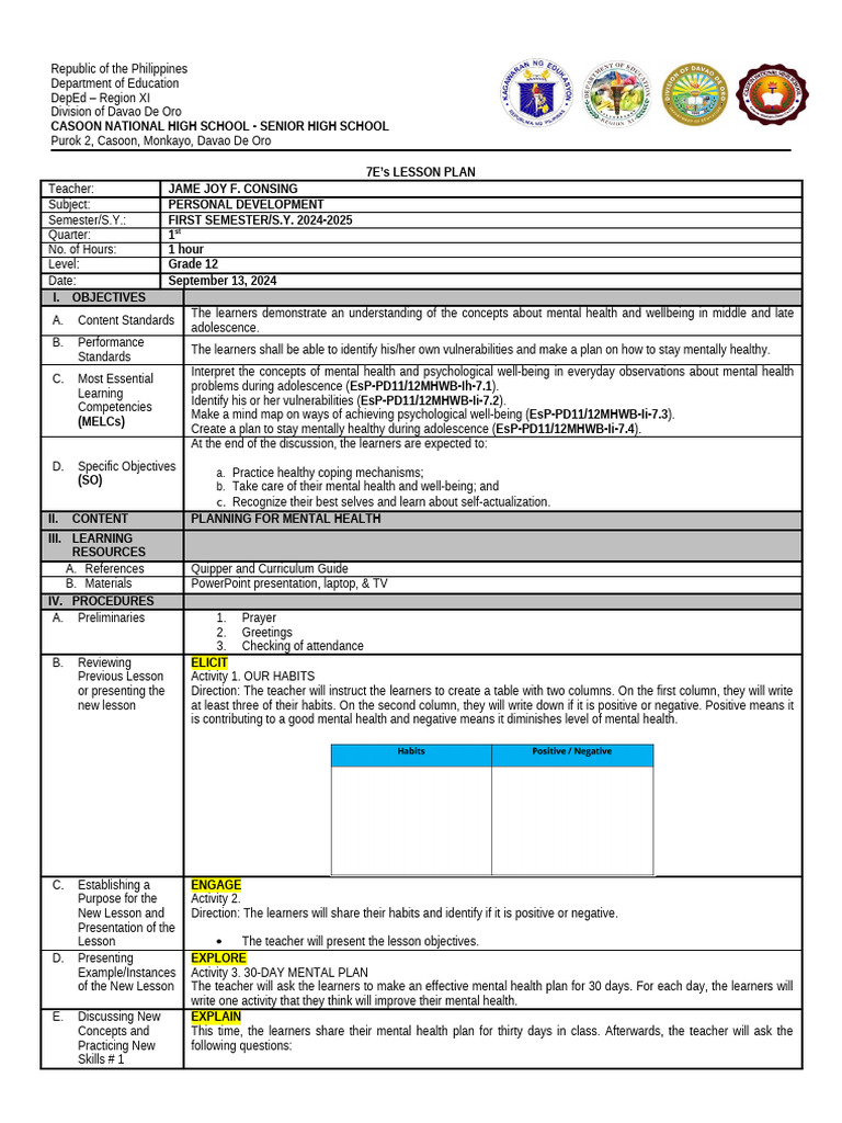 Lesson Plan Week 7 Day 4 - Perdev 12 | PDF | Mental Health | Learning
