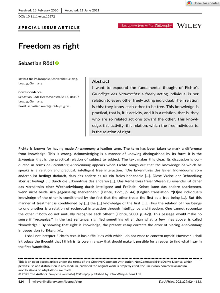 Fichte's Concept of Freedom and Right | PDF | Immanuel Kant | Reason