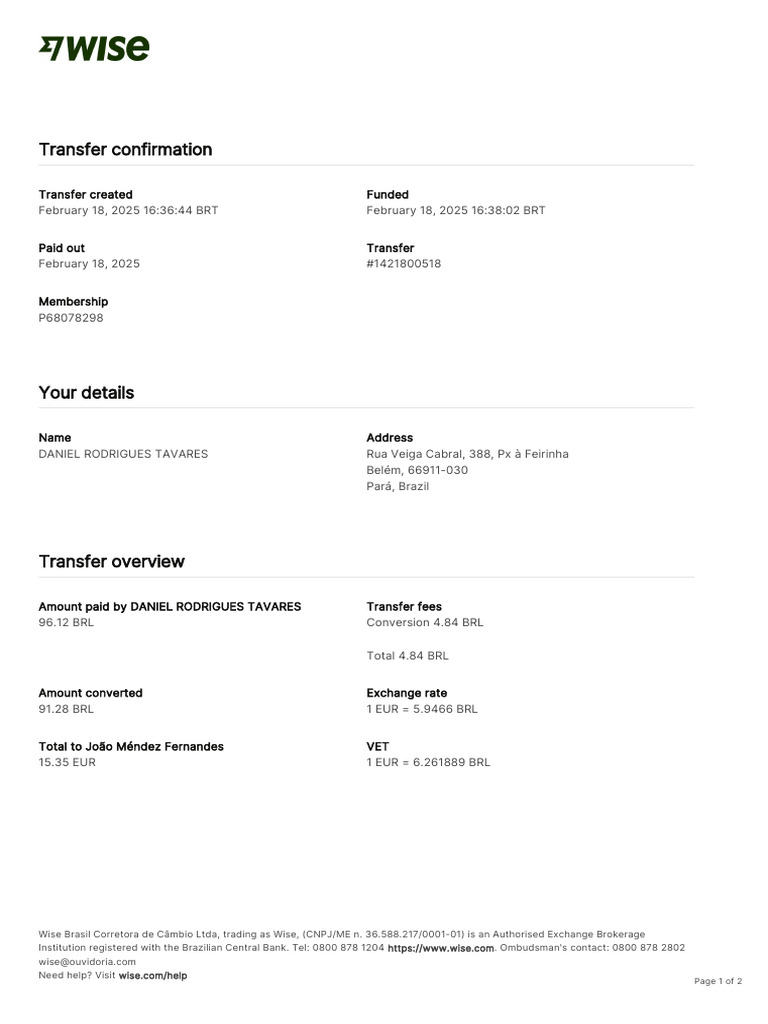 Wise Transaction Invoice Transfer 1421800518 4858907655 PT | PDF ...