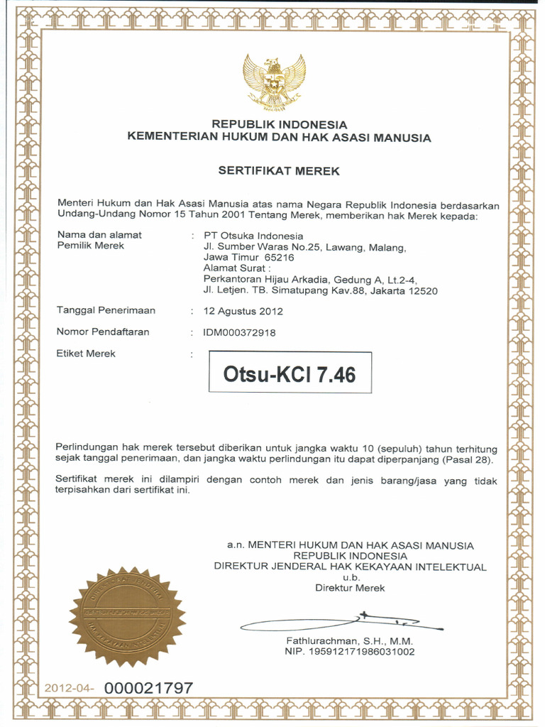 Sertifikat Merek OTSU KCL 7,46 | PDF
