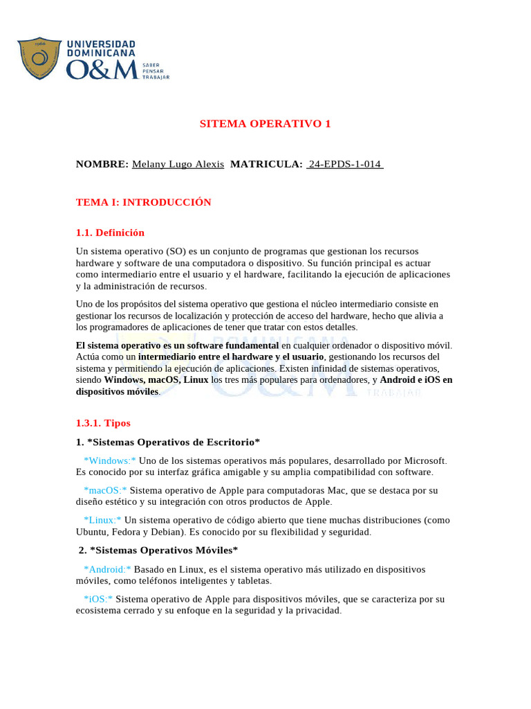 Sitema Operativo 1 Yeidy | PDF | Sistema operativo | Programación