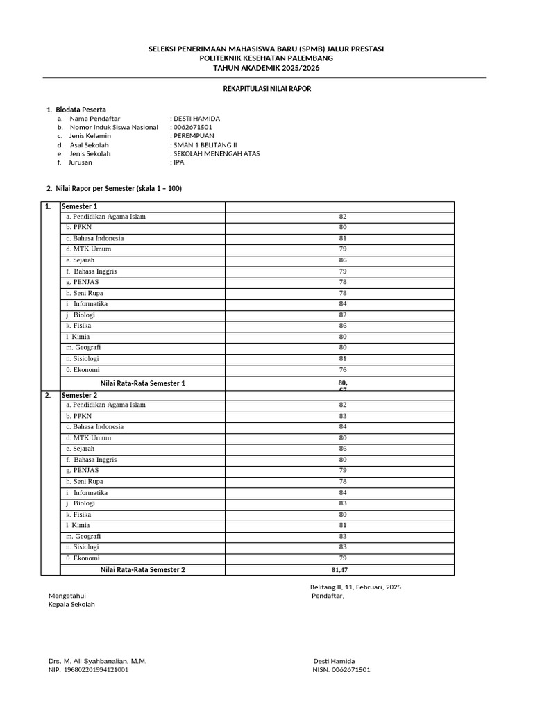 Template Rekap Nilai Rapor Jalur Prestasii | PDF