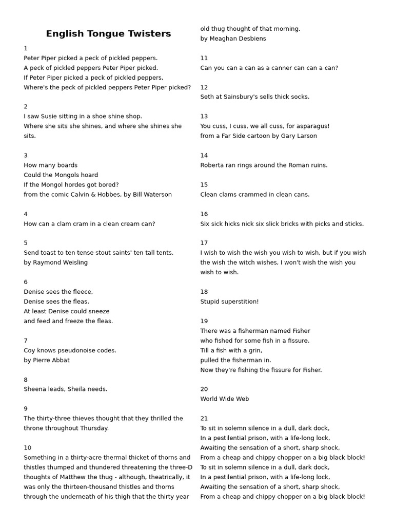 English Tongue Twisters | PDF