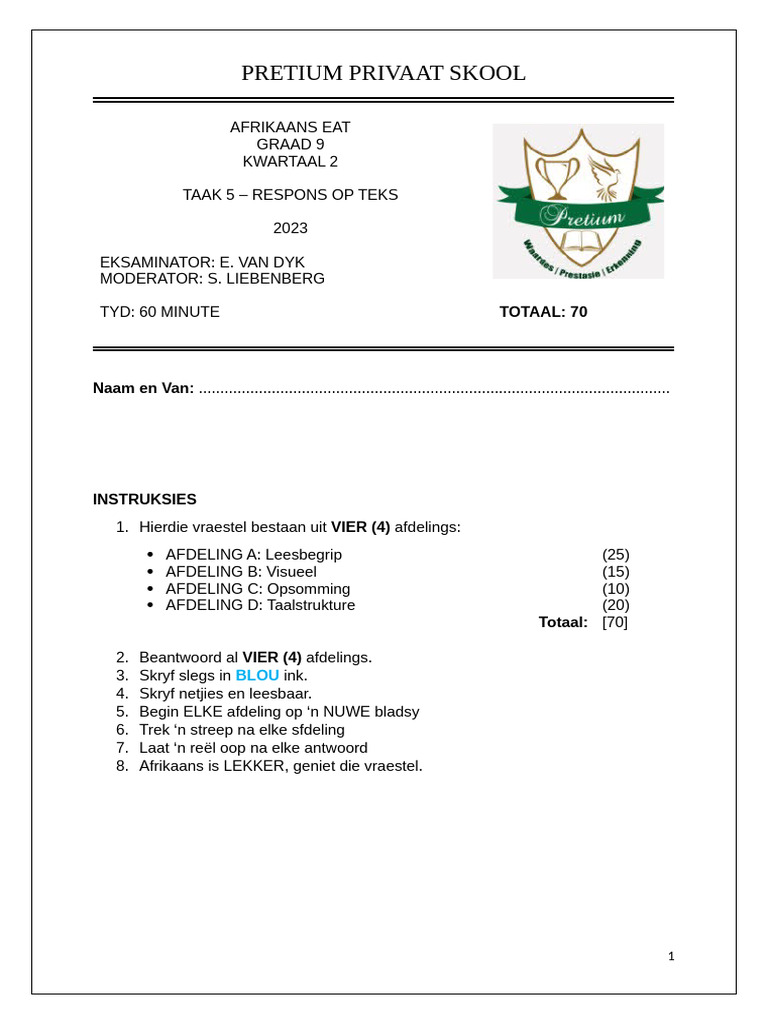 GR 9 Taak 5 - Response Op Teks 202305 | PDF