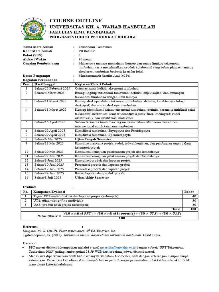 Course Outline Taksonomi Tumbuhan | PDF