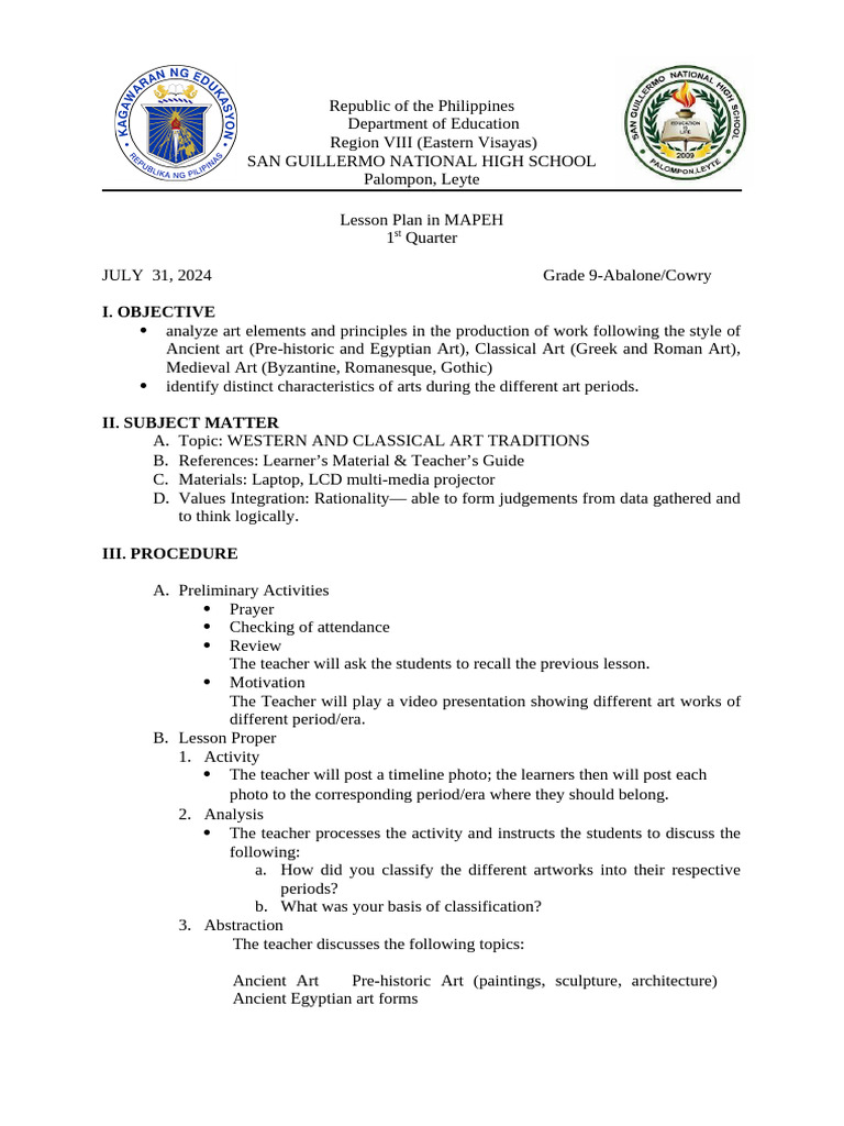 Grade 9 MAPEH Lesson Plan: Art Periods | PDF | Lesson Plan | Mosaic