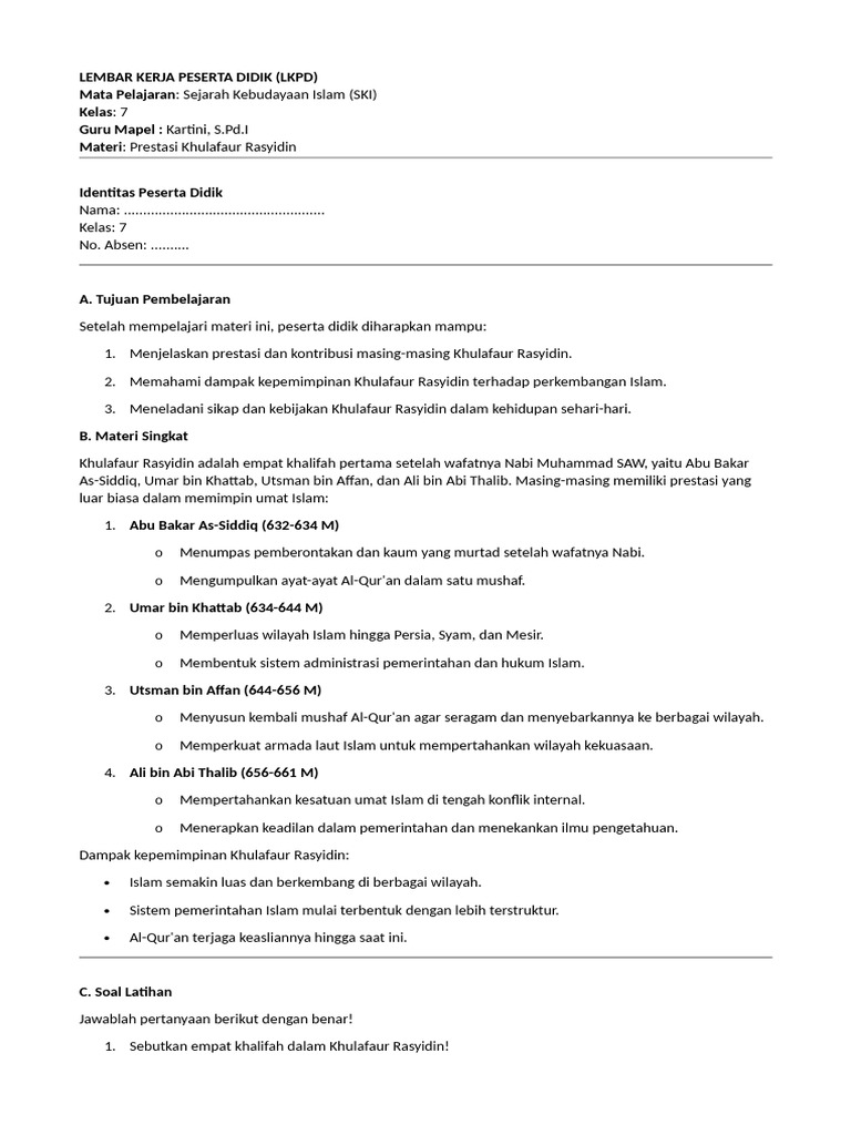 LKPD-Prestasi Khulafaur Rasyidin | PDF