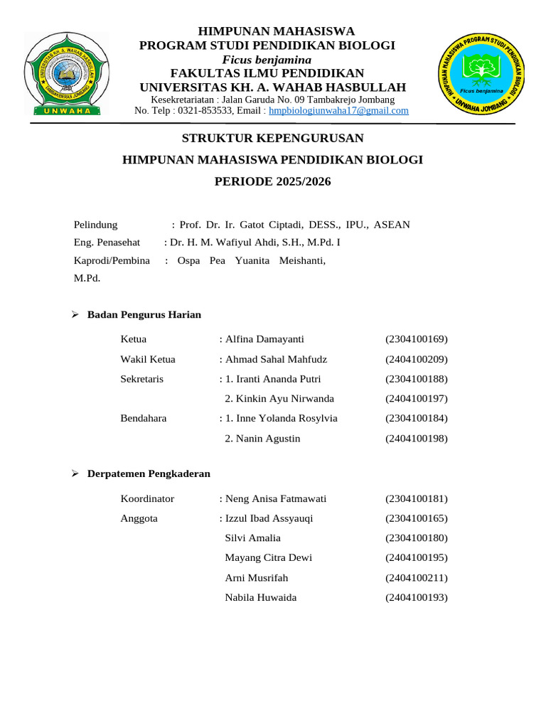 Struktur Kepengurusan HMP Pendidikan Biologi 2025-2026-1 | PDF