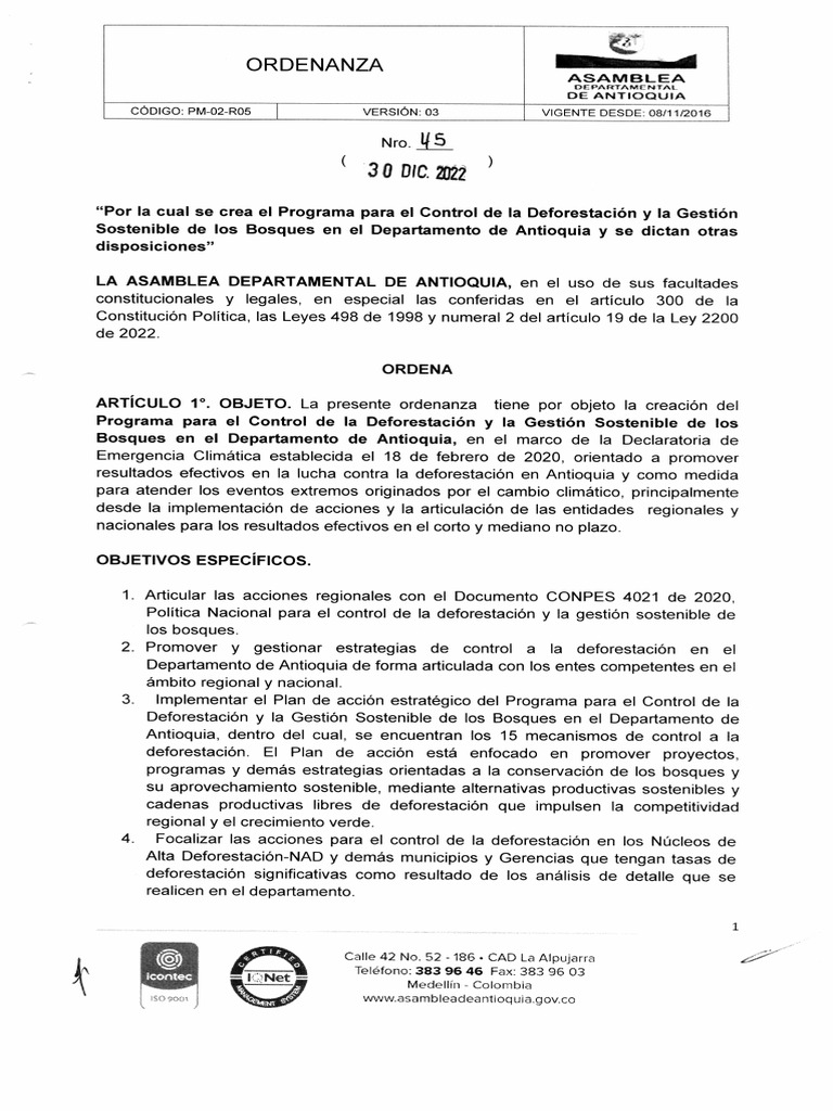 Ordenanza 45 Programa Control Deforestación | PDF
