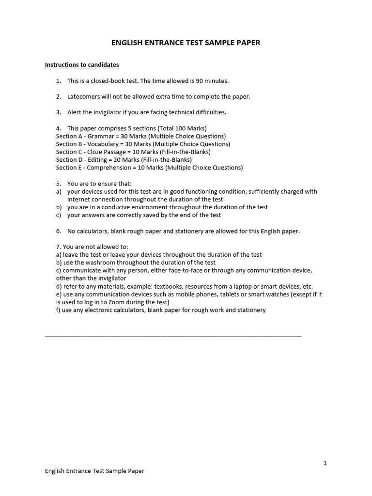 English Entrance Test Sample Paper | PDF | Water Scarcity | Water