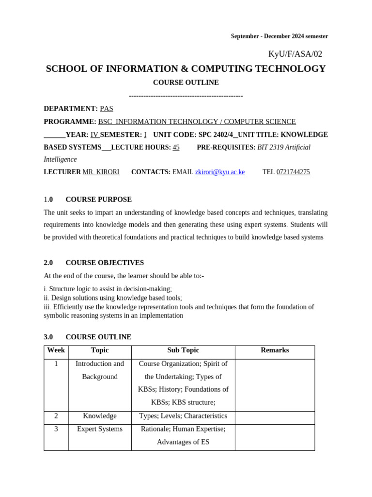 Ics 2404 KBS Course Outline | PDF | Knowledge | Machine Learning