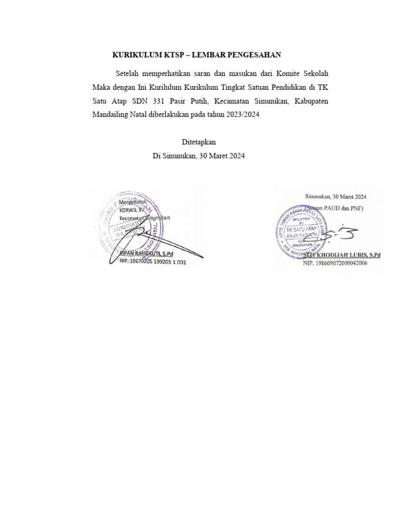 Lembar Pengesahan KTSP | PDF