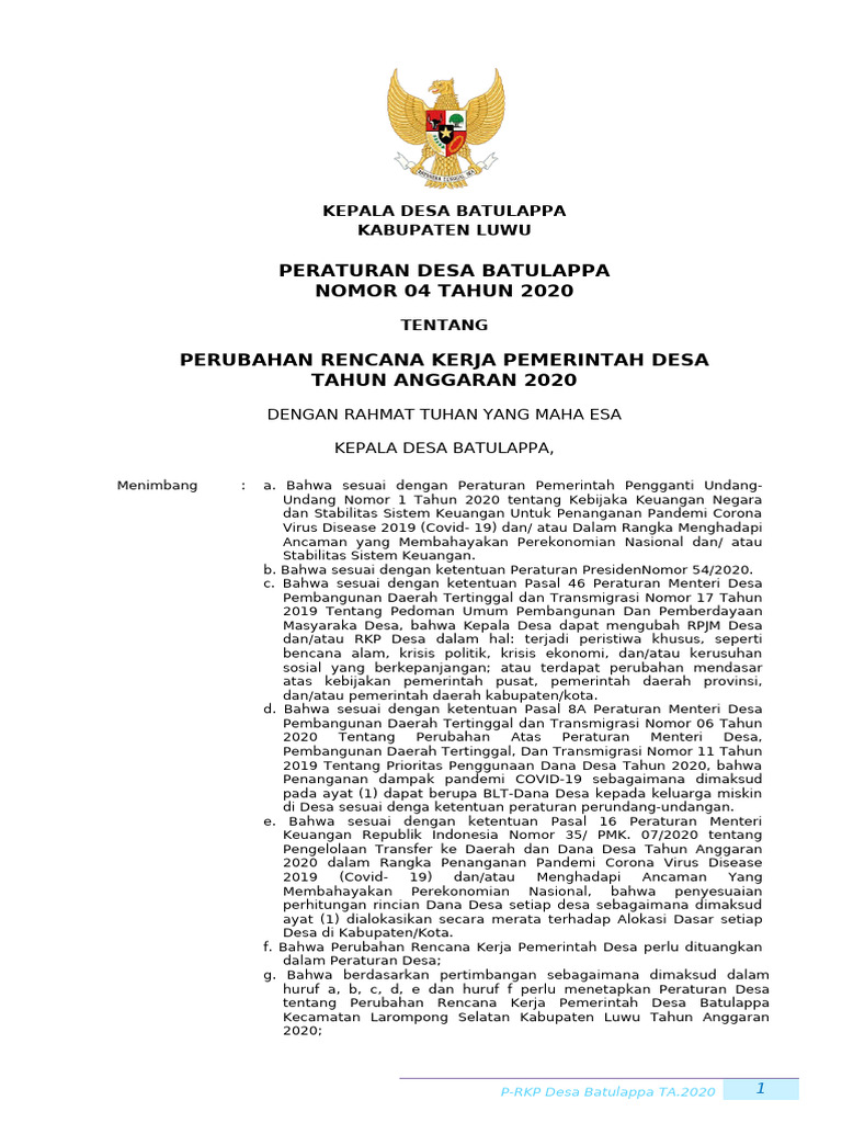 PERDES RKP PERUBAHAN 2020 | PDF
