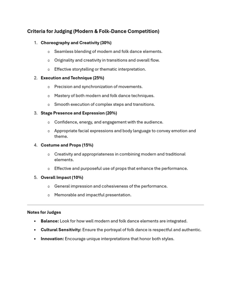 Criteria For Judging (Modern & Folk Dance Competition) | PDF