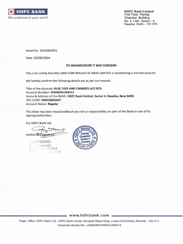GCIL HDFC Bank Account Confirmation Letter | PDF