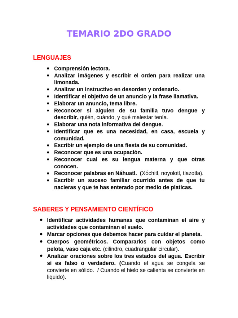 Temario 2do Grado 2T | PDF