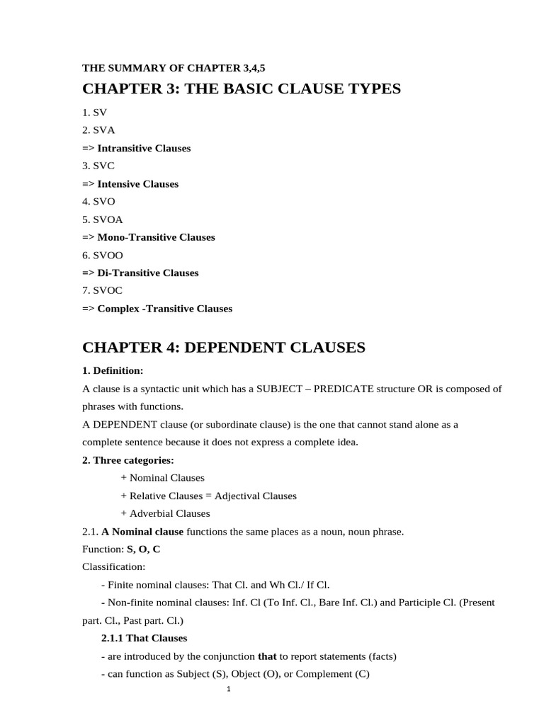 The Summary of Chapters 3 - 4 - 5 | PDF | Clause | Subject (Grammar)