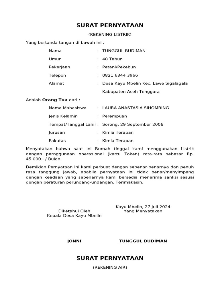 Surat Pernyataan Rekening Listrik Sonia | PDF