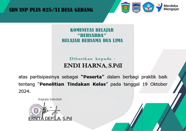 Sertifikat Kombel Penelitian Tindakan Kelas ENDI HARNA | PDF