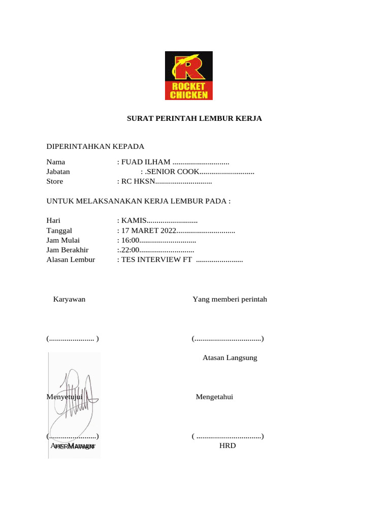 SURAT PERINTAH LEMBUR KERJA | PDF