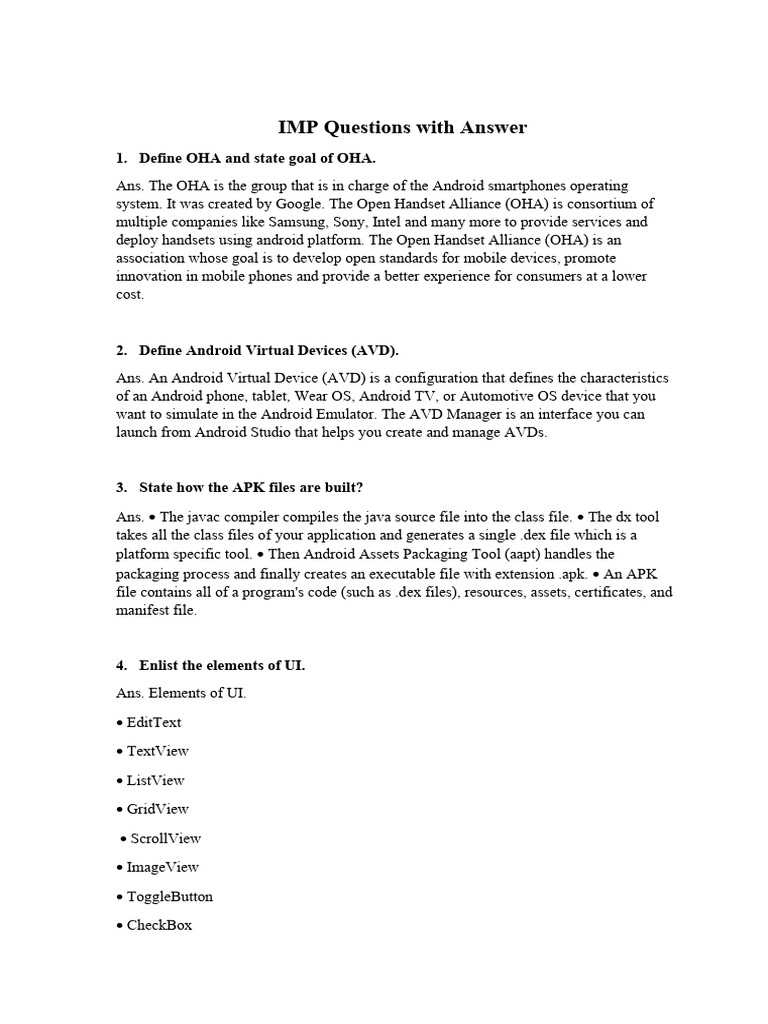 MAD IMP Que. With Ans. For UT1 | PDF | Android (Operating System) | Java Virtual Machine