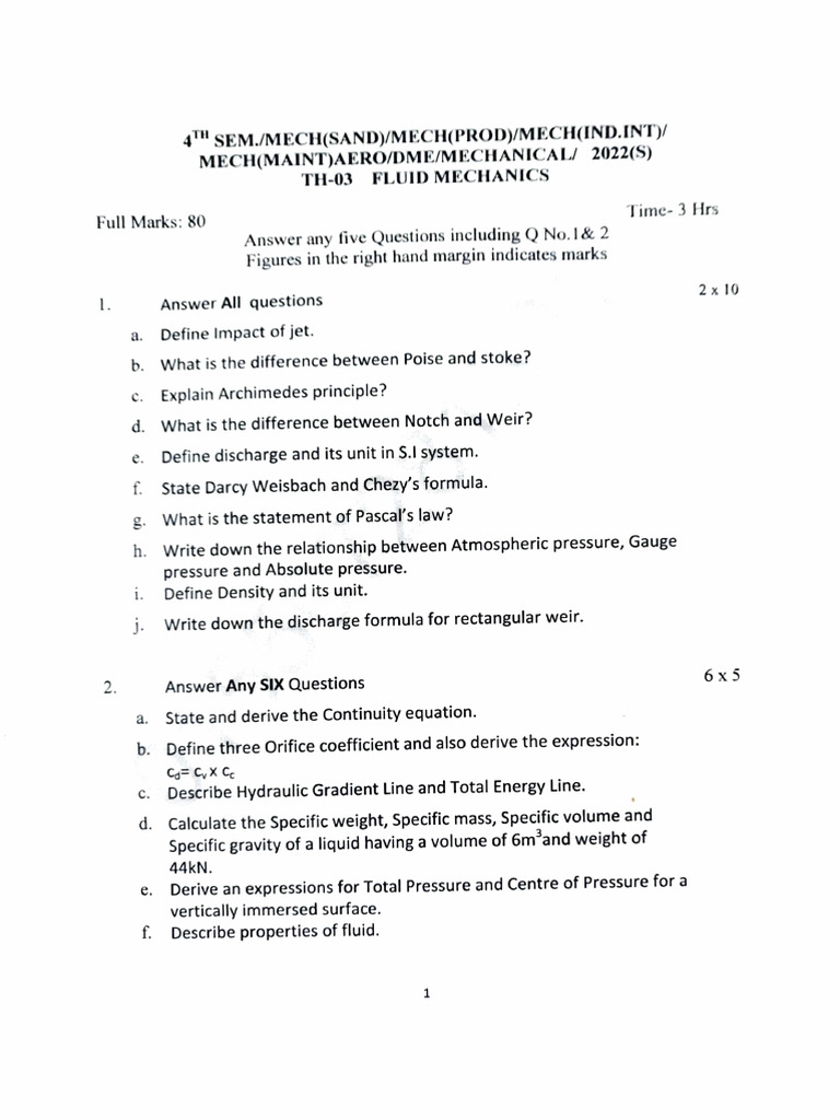 2022 S Th3 4th Sem Fluid Mechanics | PDF | Pressure | Pressure Measurement