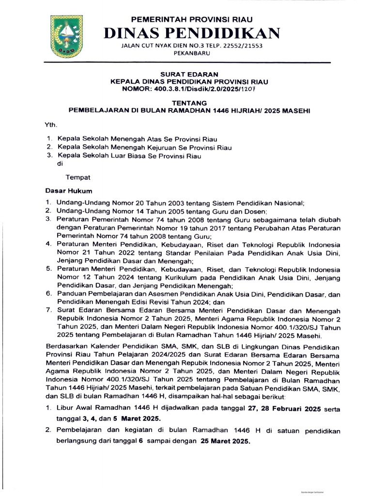 Surat Edaran Kepala Dinas Pendidikan Prov - Riau Tentang Pembelajaran Di Bulan Ramadhan 1446H ...