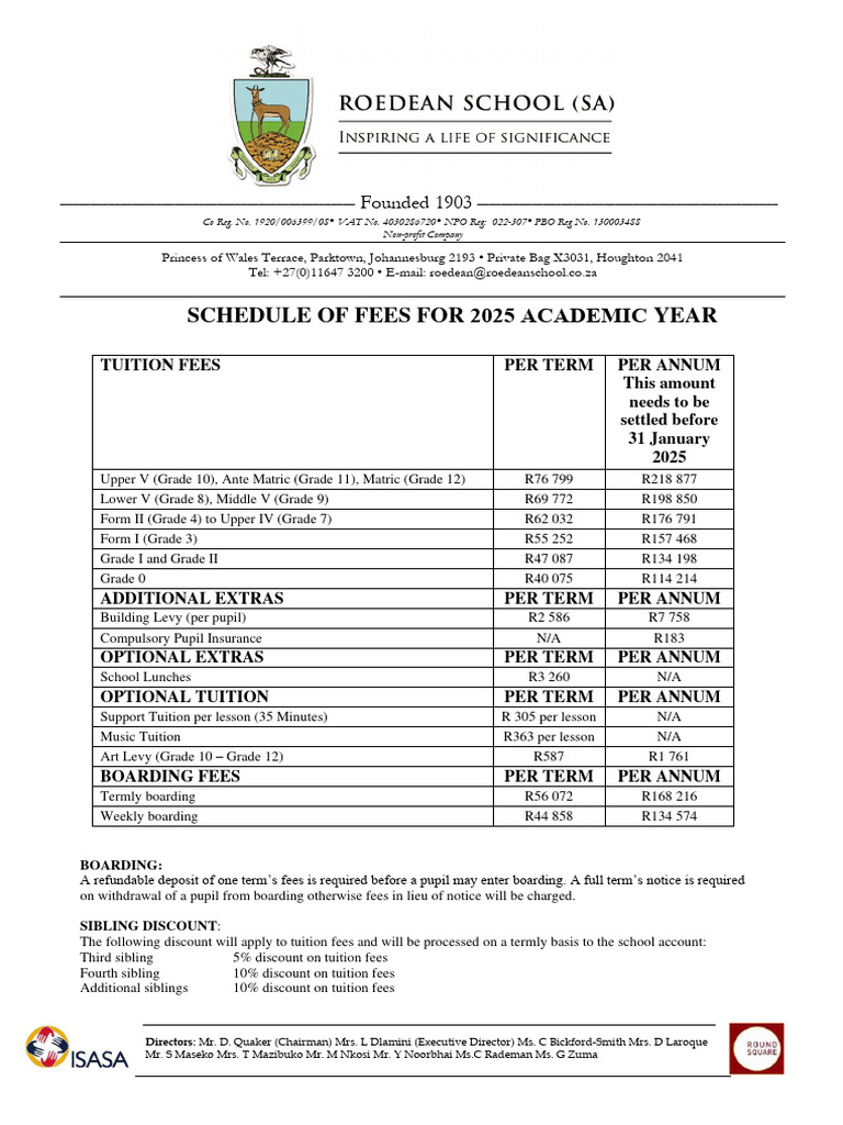 Roedean School SA 2025 Schedule of Fees | PDF | Payments