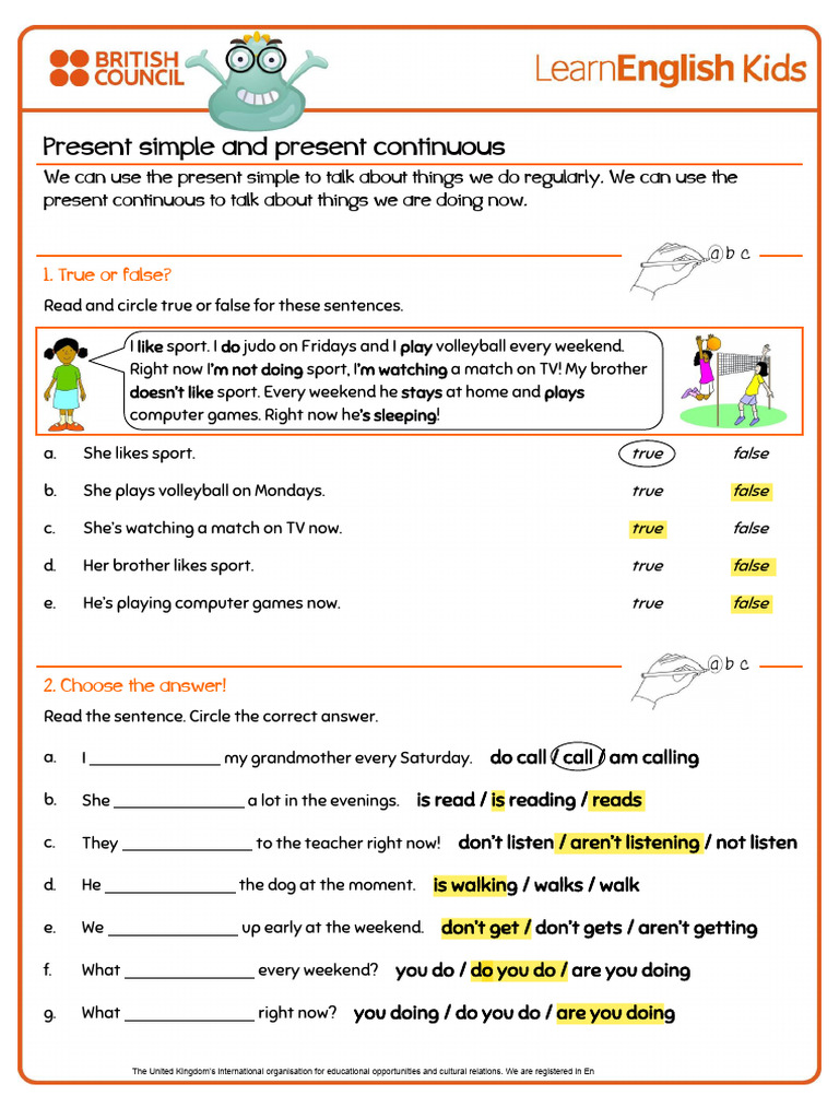 Grammar Practice Present Simple and Present Continuous Worksheet | PDF ...