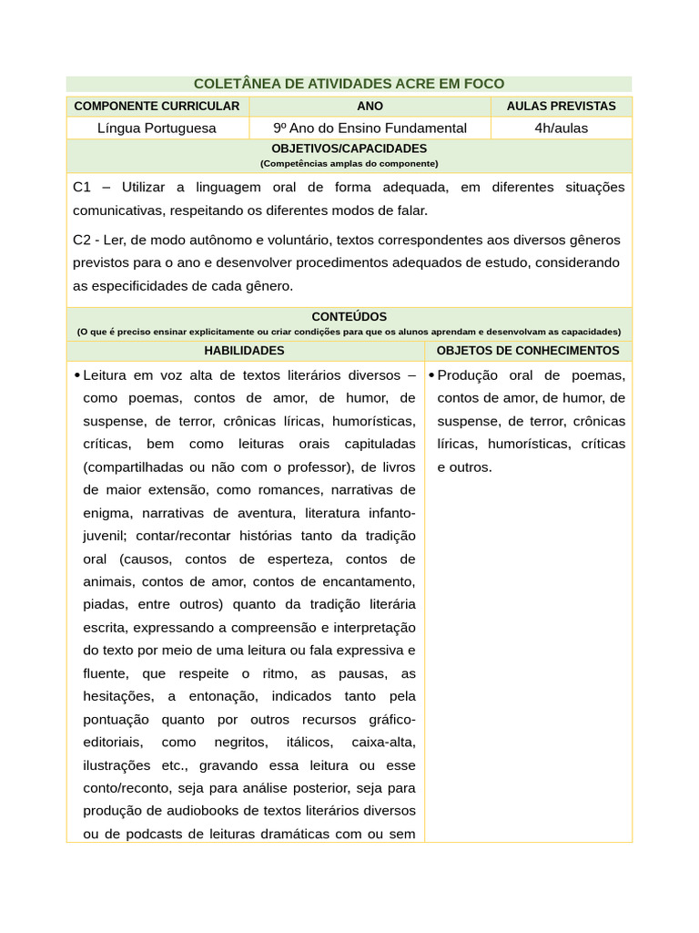 COLET DE ATIV ACRE EM Foco-L. Port 9° | PDF | Aprendizado | Poesia