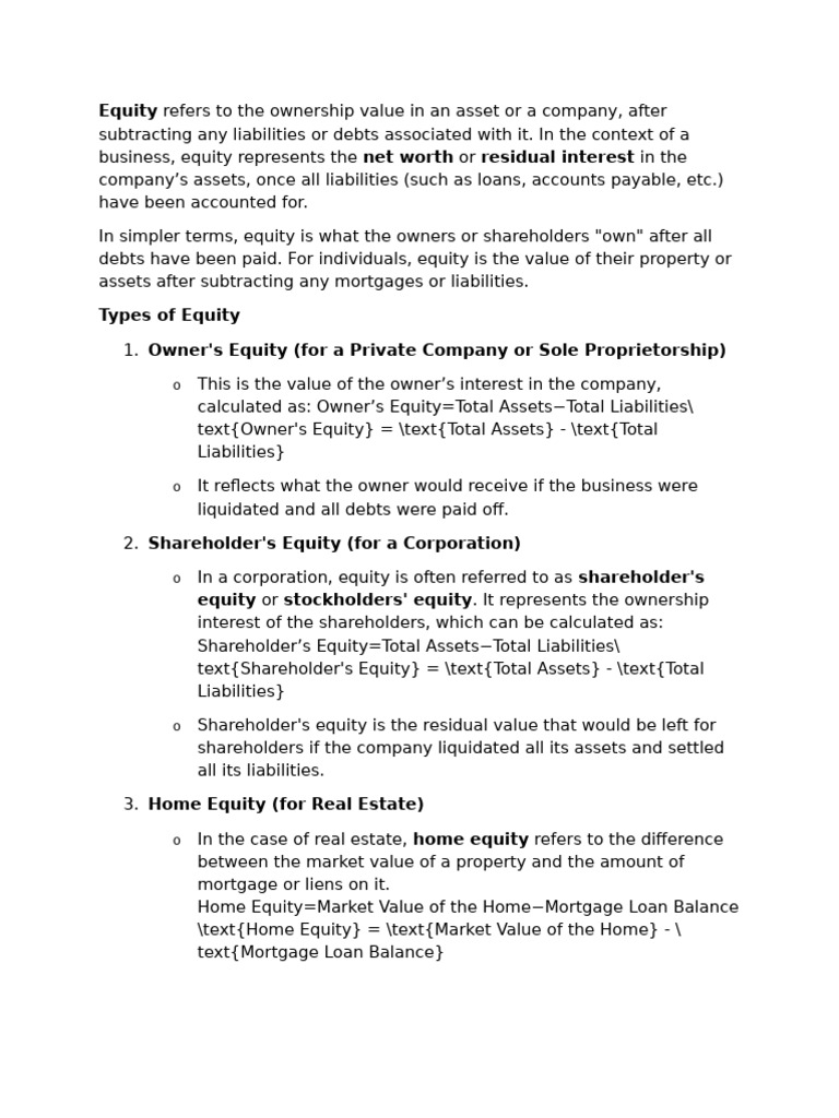 Equity Refers To The Ownership Value in An Asset or A Company | PDF ...