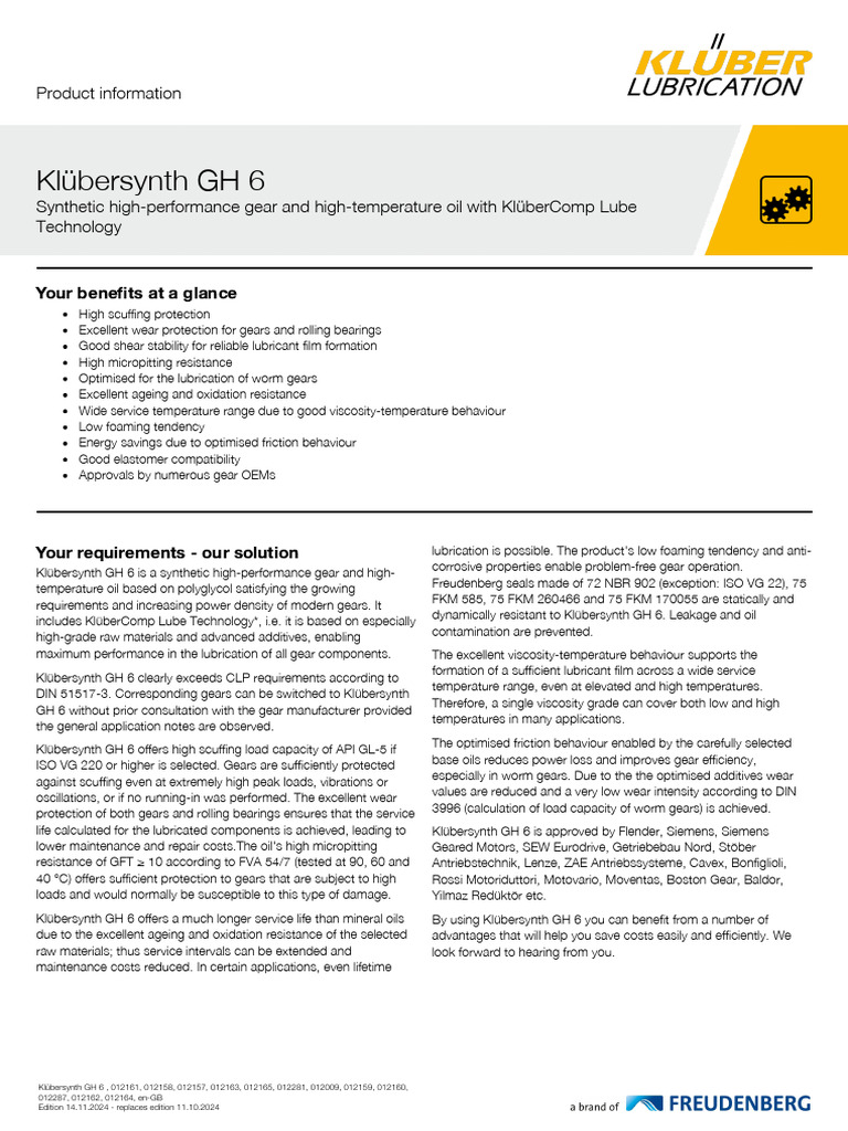 Kluebersynth_GH_6_012161_PI_GB_en | PDF | Lubricant | Bearing (Mechanical)