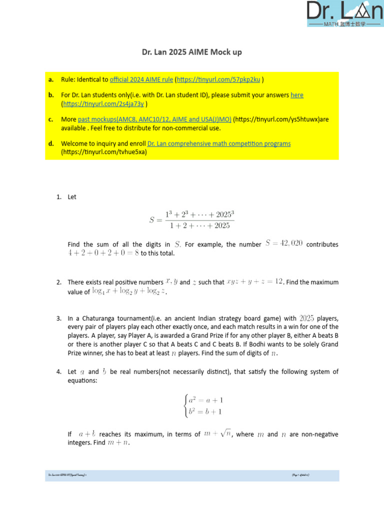 Dr. Lan 2025-AIME-Mockup With Answers | PDF | Discrete Mathematics ...