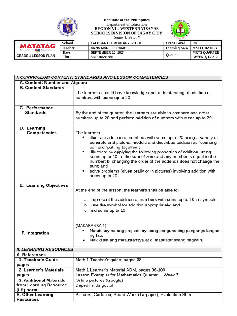 Co1 - Math Grade 1 Matatag | PDF | Learning | Mathematics