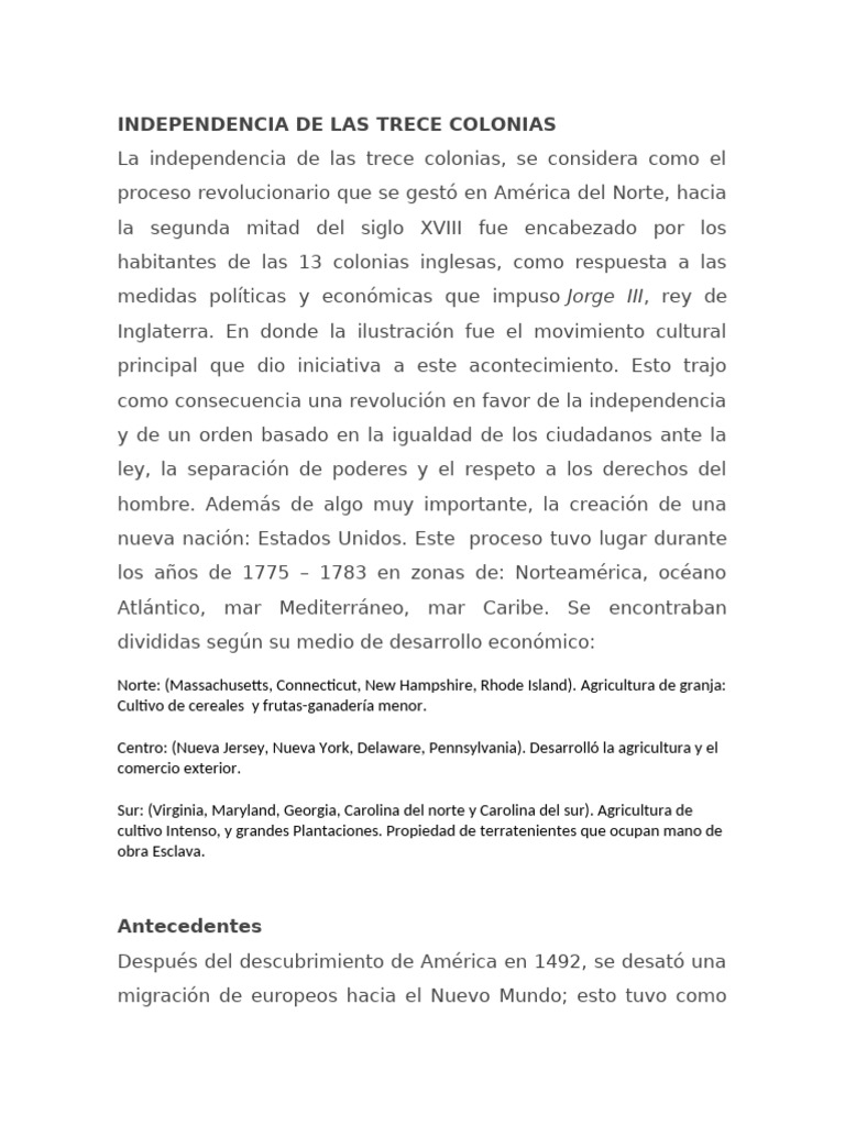 INDEPENDENCIA DE LAS TRECE COLONIAS | PDF | Trece colonias | Declaración de independencia de los ...