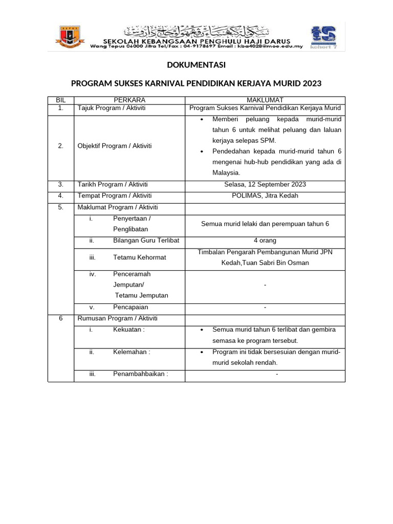 Dokumentasi Program Sukses Karnival Pendidikan Kerjaya Murid 2023 | PDF