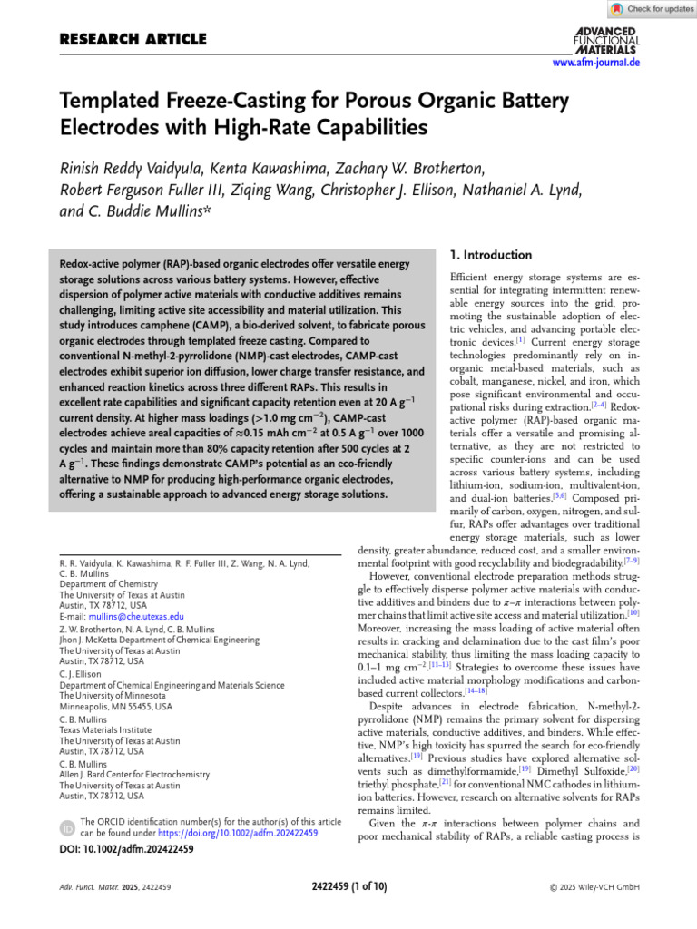 Adv Funct Materials - 2025 - Vaidyula - Templated Freeze Casting For Porous Organic Battery ...
