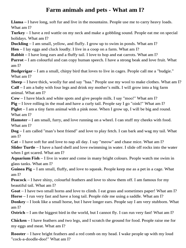 Farm Animals and Pets - What Am I | PDF | Animals And Humans ...