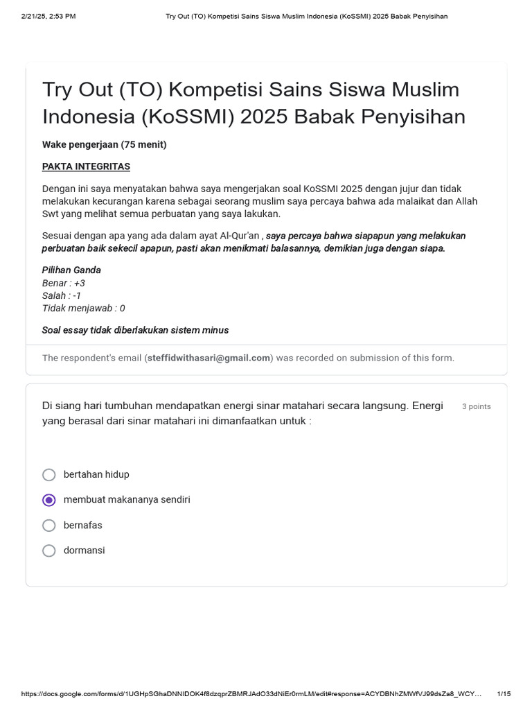 Try Out (To) Kompetisi Sains Siswa Muslim Indonesia (KoSSMI) 2025 Babak Penyisihan - Mousa | PDF