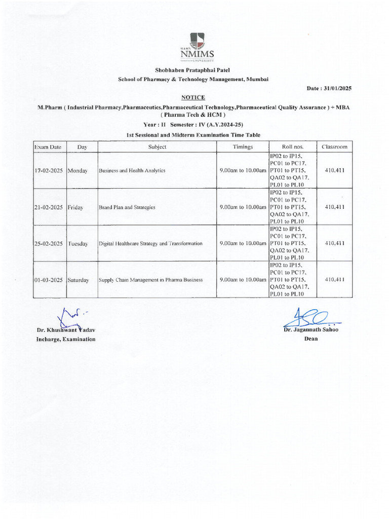 2nd Yr M Pharm + MBA SEM II Timetable | PDF